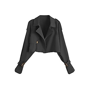 Verdusa Women's Button Front Buckle Raglan Sleeve Crop Jacket Trench Coat Black Large