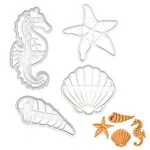 Set of 4 Shells cookie cutters (Designs: Seashell, Corkscrew, Starfish and Seahorse), 4 pieces - Bakerlogy