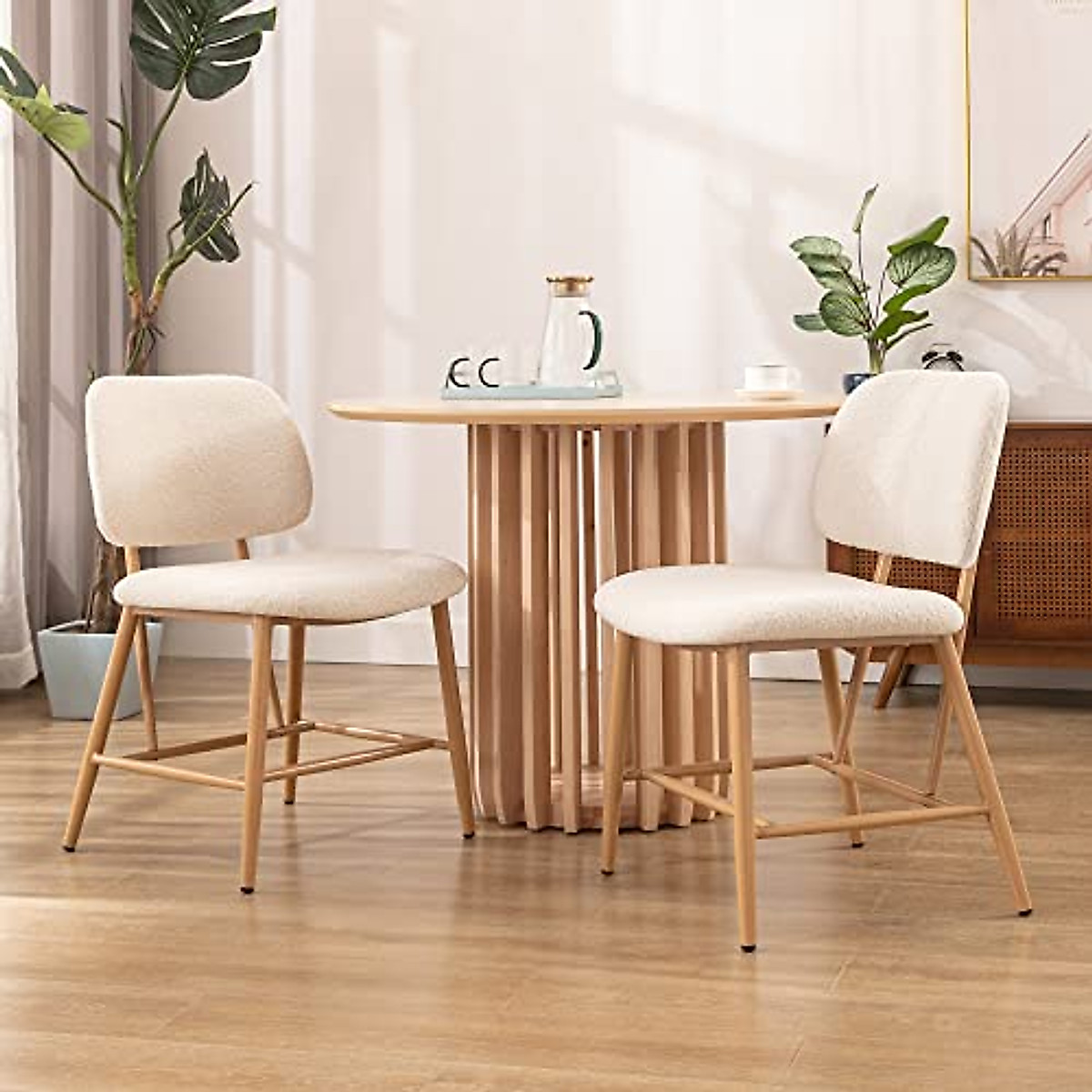 ONEVOG Modern Accent Chair, Ivory White Upholstered Dining Chairs Set of 2, Short Plush Fabric, Armless Dining Chair with Backrest, Sherpa Chair for Dining Room, Living Room, Wood Grain Metal Legs