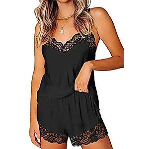 CHYRII Women's Sexy Silk Satin PJS Lace Trim Cami Tops Shorts 2 PCS Pajamas Sets Nightwear Black M