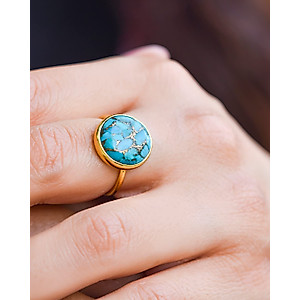 YoTreasure 13x14 MM Blue Copper Turquoise Ring 14k Gold Plated Over 925 Silver Jewelry