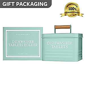 Calindiana Modern Farmhouse Metal Dishwasher Pods Container with Lid for Kitchen Organization and Storage, Kitchen Essentials Decor Accessories, Dishwasher Pods Holder, Mint