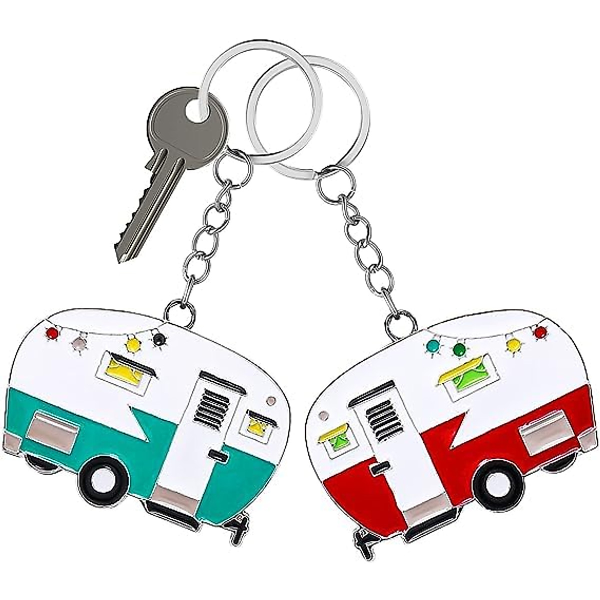 TrustBlai 2 Pack Camper Keychain Set Happy RV Camper Keyring Couples Camping Accessories for Men Women Camper Travel Trailers (red+green)
