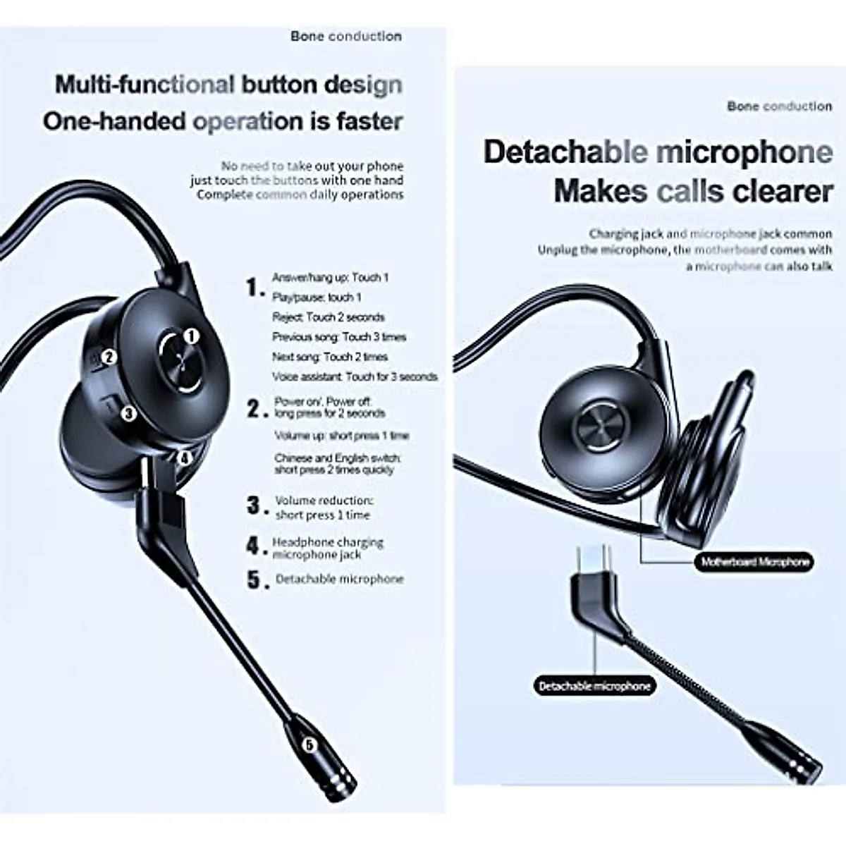 YODZ Bone Conduction Sports Gaming Headset Bluetooth 5.0 Wireless Stereo Open-Ear Headphones with Noise-Canceling Boom Microphone, for Running Hiking Home Office Conference Calls,Black