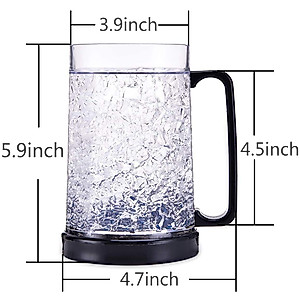 Patiomos Drinking Glasses Cups, Double Wall Gel Freezer Beer Mugs, Freezer Ice Mugs Cups, 16oz, Plastic Cooling Beer Mug Clear Set of 4 (2Blue and 2Black)