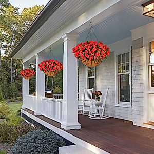 Artificial Fake Fall Hanging Flowers Plants Basket for Outdoor Autumn Decor, Faux Silk Bougainvillea Flowers in Planter Look Real UV Resistant Faux Flowers Arrangement for Porch Home Patio Garden, Red