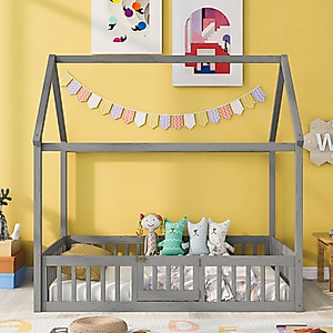 Harper & Bright Designs Grey House Bed Full Floor Bed with Fence Railings, Kids Wooden Full Size Montessori Bed Frame with Small Door for Kids, Fun Playhouse Beds, Full Size Bed Frame for Girls Boys