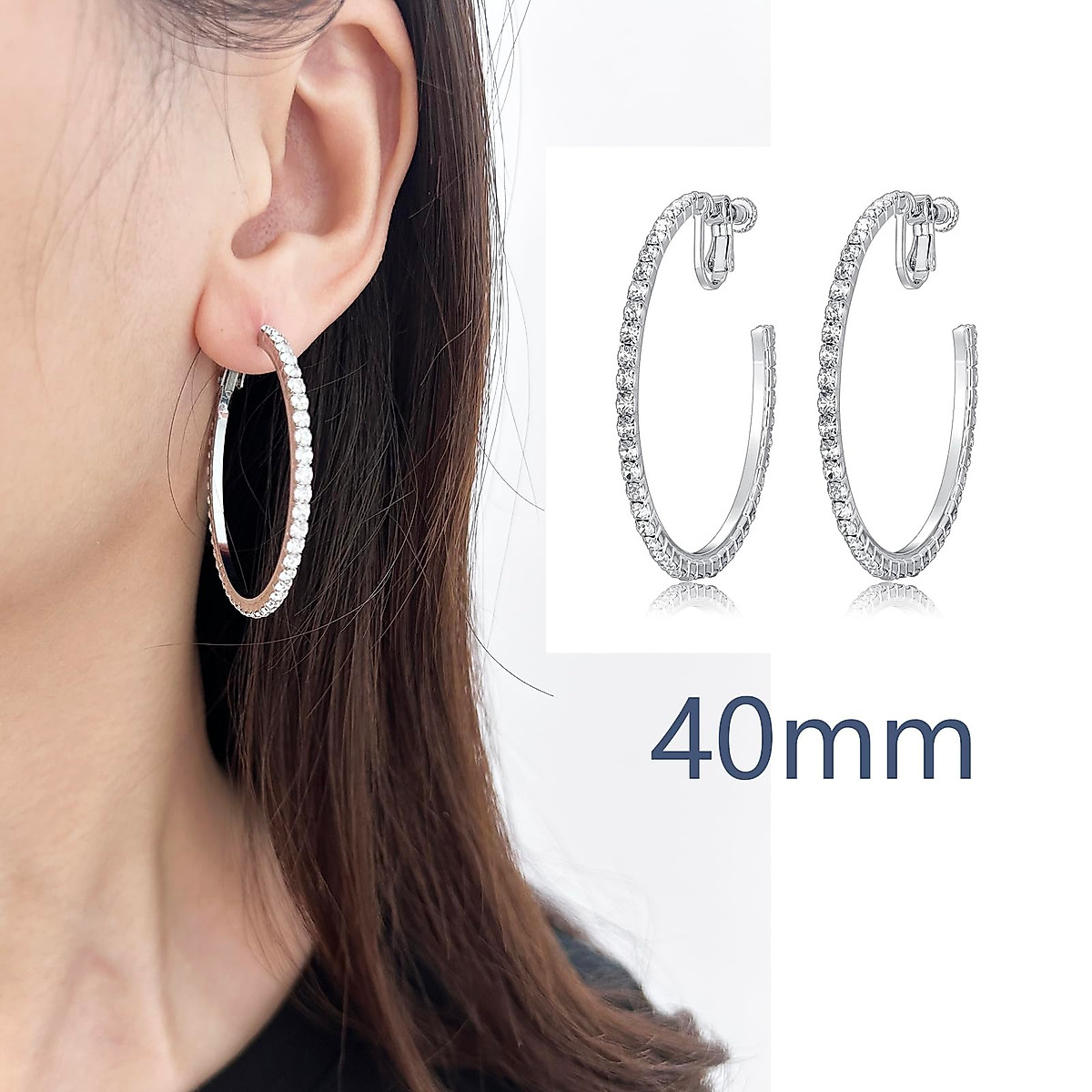 LAXPICOL Fashion Sparkly Austrian Circle Hoop Earrings Clip On Earrings For Women No Piercing Earrrings Silver Tone 1.6"*1.6"