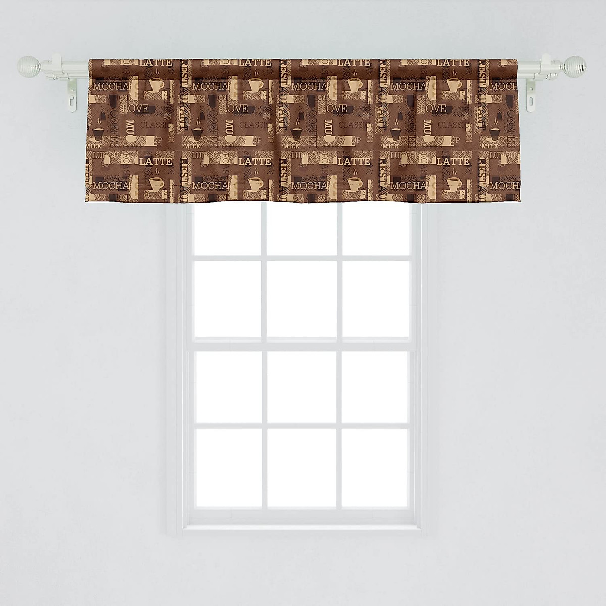 Ambesonne Coffee Window Valance Pack of 2, Cafeteria Pattern with Hot Mocha Latte Milk Love Typography on Scribble Backdrop, Rod Pocket Curtain Valances for Kitchen Bedroom, 54" X 18", Beige Brown