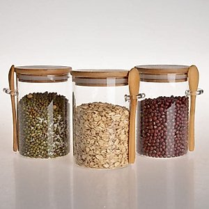 Bamboo Lid Container With Bamboo Spoon Set Of 3