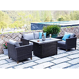 Grand patio Sofa Sets 5 Pieces Conversation Set with Fire Pit Table, Luxury Heavy Duty Wicker Patio Furniture Sectional Sofa with Thick Cushions (Brown Set with Fire Pit, 5 PCS)