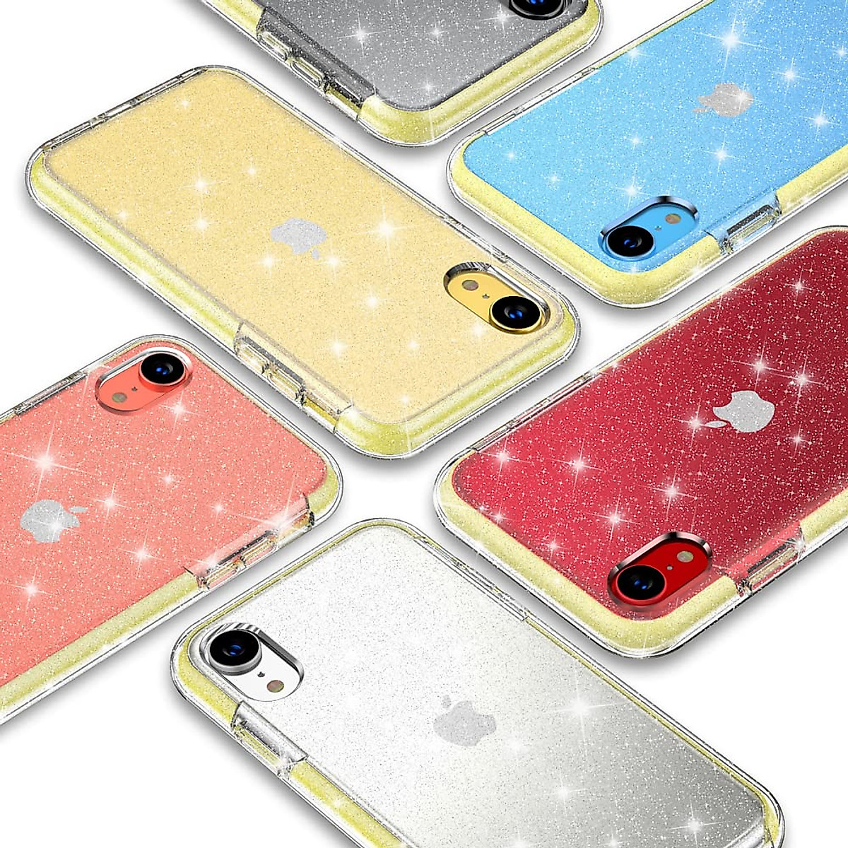 COOLQO Compatible for iPhone XR Case, with [2 x Tempered Glass Screen Protector] Clear Glitter Sparkle 360 Full Body Coverage Hard PC+Soft Silicone 3in1 Shockproof Protective Phone Cover Yellow
