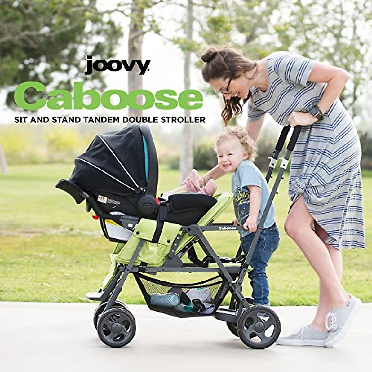 Joovy Caboose Sit and Stand Double Stroller with Rear Bench and Standing Platform, 3-Way Reclining Seats, Optional Rear Seat, and Universal Car Seat Adapter (Red)