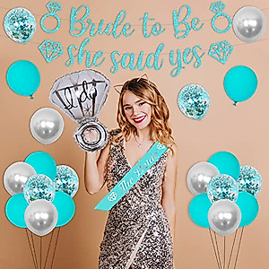 Teal Bachelorette Party Decorations Kit, Bridal Shower Decorations Teal for Girls with Bride Letter Balloons, She Said Yes Glitter Banner, The Bride Sash and Silver Diamond Ring Foil Balloon