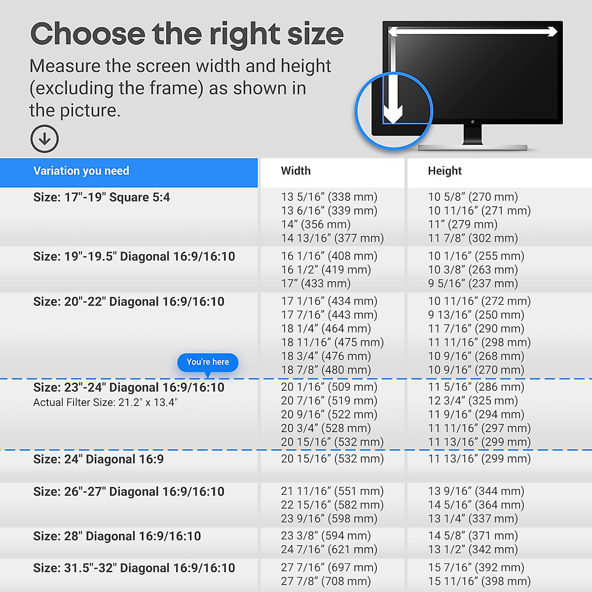 Universal Blue Light Blocking Screen Protector Panel for 23, 23.6, 23.8, 24 inch Diagonal LED PC Monitor Anti-UV Eye Protection Filter Film - Widescreen Monitor Frame Hanging Type (W 21.2" X H 13.4")