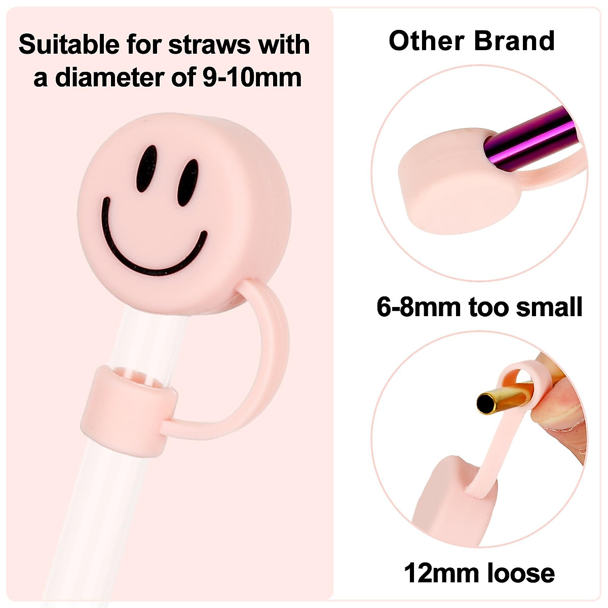 Whaline 6Pcs Smile Face Straw Covers Light Pink Double Sided Pattern Straw Tip Covers 0.4 Inch Silicone Reusable Round Straw Topper for 30 & 40 OZ Tumbler with Handle