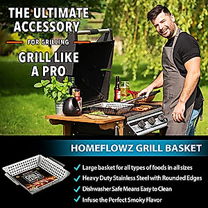 Homeflowz Heavy Duty Grill Basket – Large Vegetable Grill Basket for more Veggies - Stainless Steel Grilling Basket - Grill Baskets for Outdoor Grill -Perfect BBQ Basket for All Grills and Vegetable