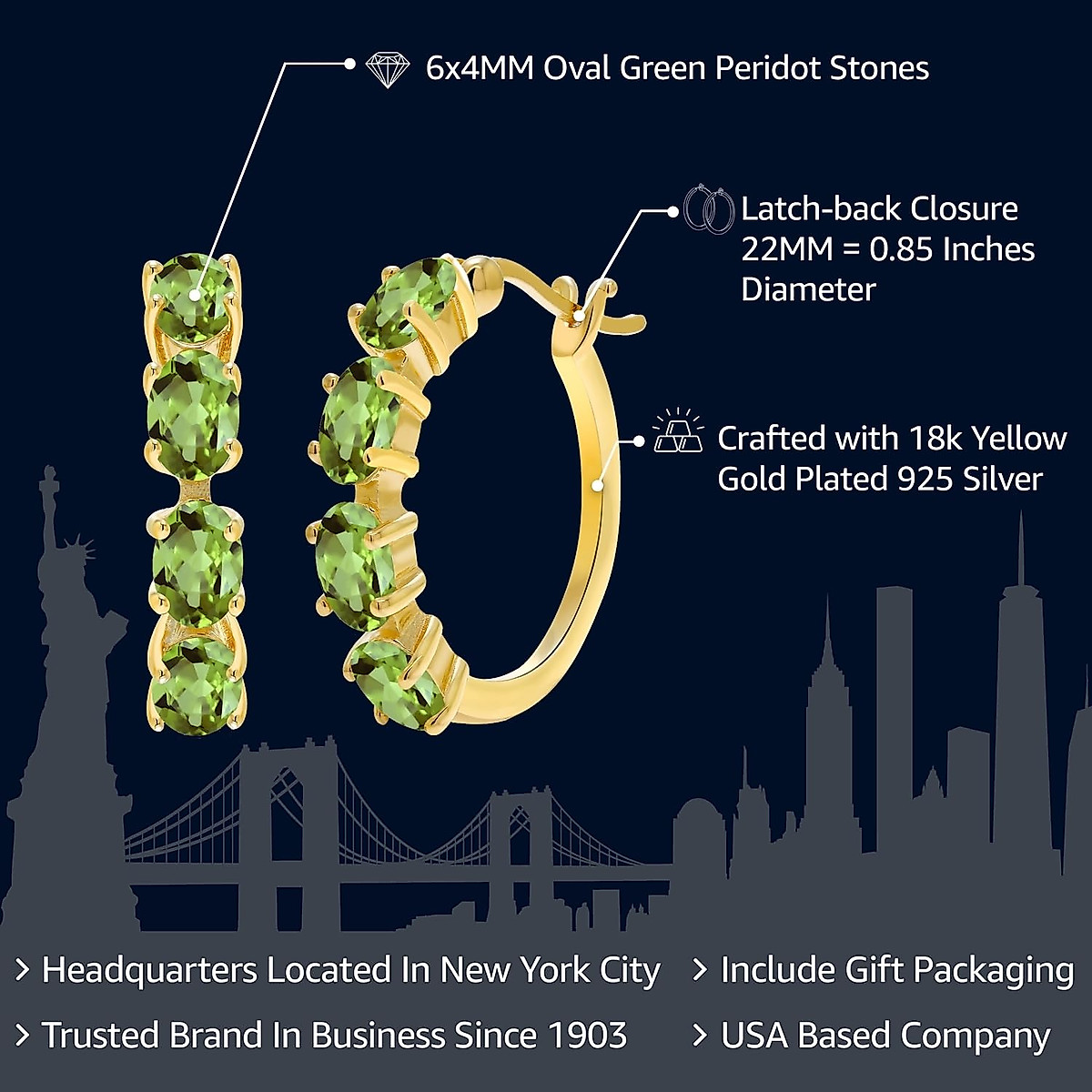 Gem Stone King 18K Yellow Gold Plated Silver Oval Gemstone Birthstone Hoop Earrings | Oval 6X4MM | 22MM | 0.85 Inch | Gold Hoop Earrings For Women
