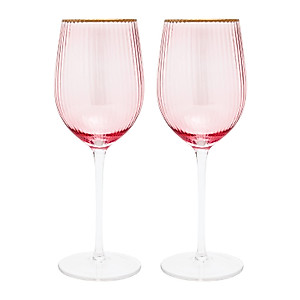 Vikko Décor Wine Glasses, Set of 2 Peach Blown Glass with Gold Rim, 11 Ounce Fancy Wine Glasses With Stem for Red and White Wine, Dishwasher Safe Goblets, Decorative Wine Glasses