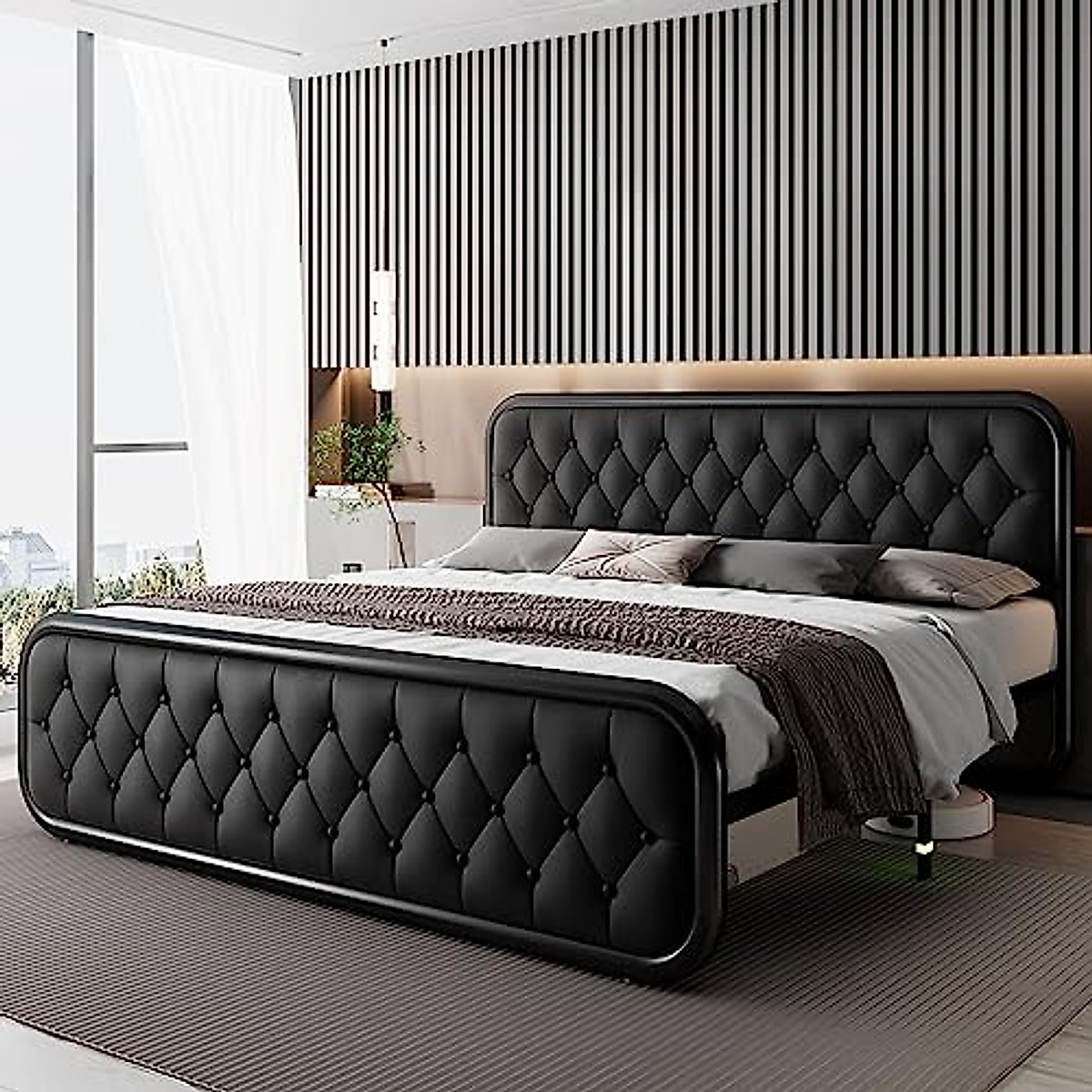 Feonase King Bed Frame with Rhombus Button Tufted, Oval-Shaped Metal Platform Bed with Faux Leather Headboard, Strong Slats Support, 12" Under-Bed Storage, Noise-Free, Easy Assembly, Black