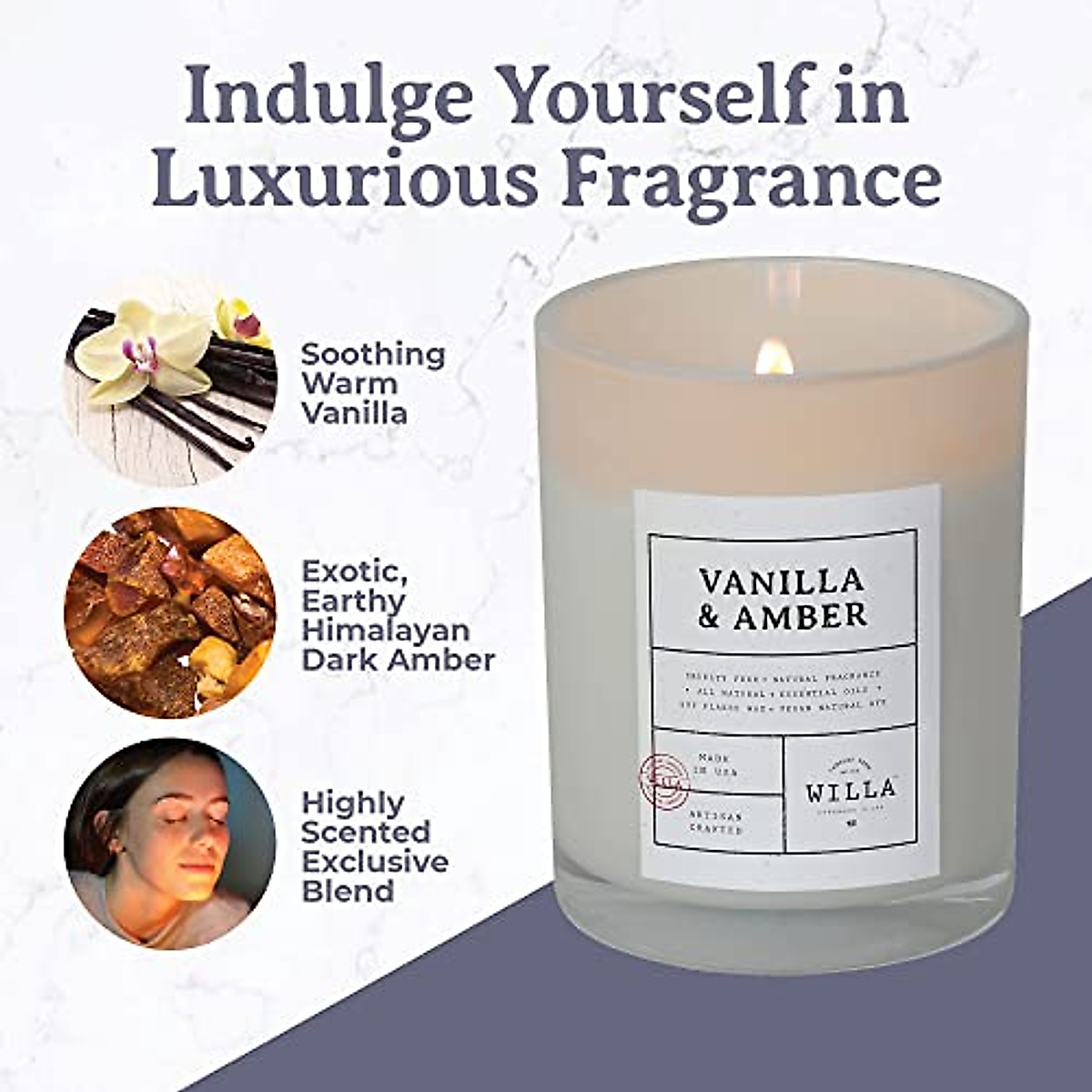 Willa Vanilla & Amber Highly Scented Candle - All Natural Soy Wax Luxury Candles Made in The USA with Essential Oils - Best for a Home / Aromatherapy / Gift / Spa / Bathroom 9oz Jar Candle