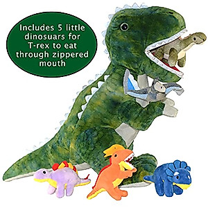 DreamsBe Dinosaur Stuffed Animal T-Rex and 5 Little Dinos for Boys & Girls - Plush Stuffie with Zippered Pocket Eating Dinosaurs Gift Ages 3 4 6 7 8 9 Years