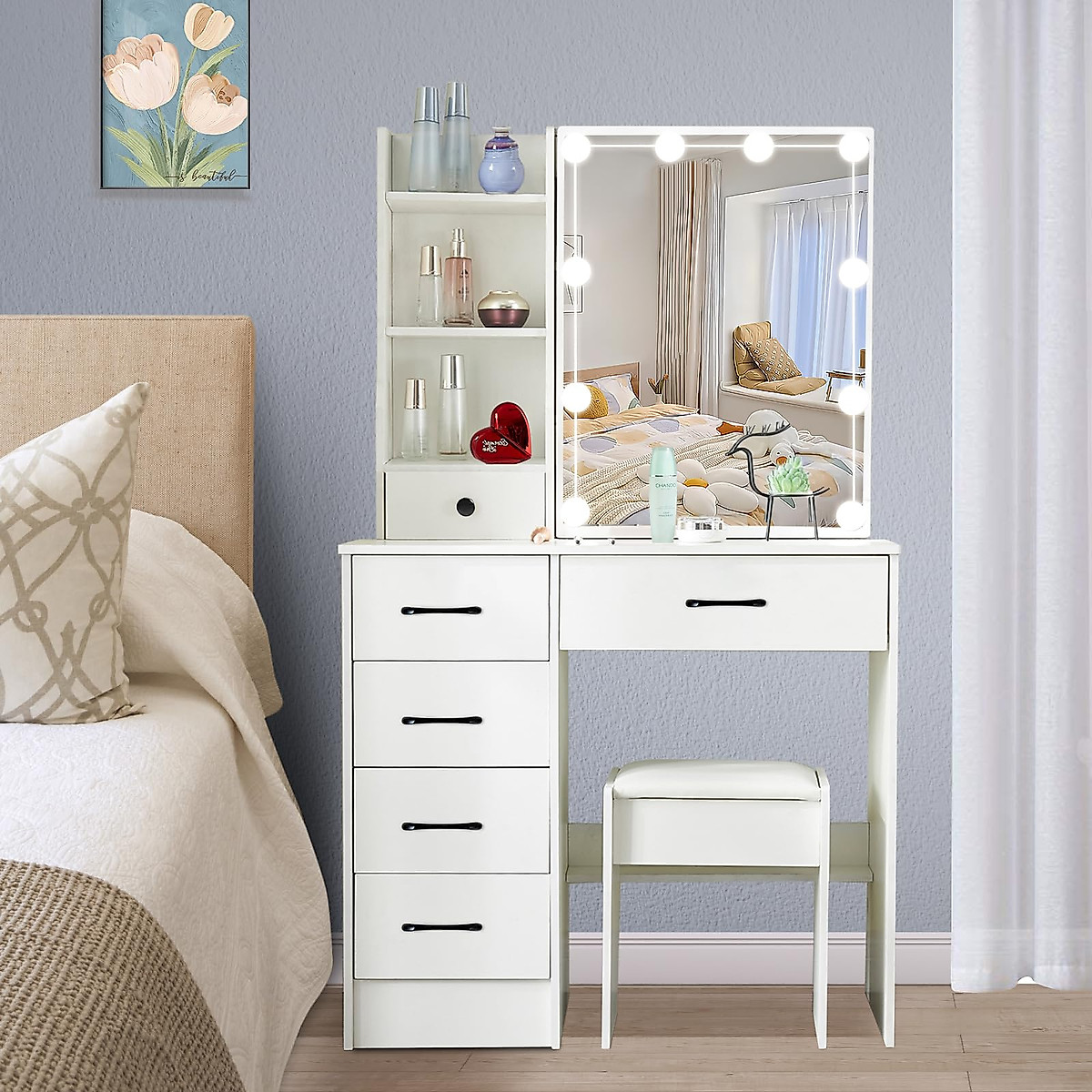 Makeup Vanity Desk with Mirror and Lights, White Vanity Table with Storage Drawers, Lighted Vanity Set with Chair/Stool, Girl's Dressing Table Makeup Desk Small, White Vanity 3056