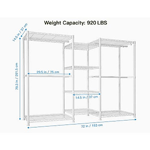 Ulif E4 Garment Rack, Freestanding Closet Organizer and Storage System, Heavy Duty Clothing Wardrobe with 8 Shelves and 4 Hanger Rods, Max Load 920 LBS, 71.6”W x 14.5”D x 79.3”H, White