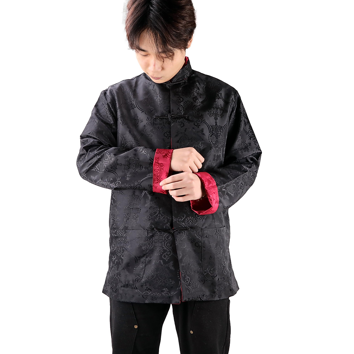 DLSNZ Men's Traditional Chinese Kung Fu Clothing Hanfu & Tang Suit Jacket Wing Chun Uniform Martial Arts Coats (Black+Wine Red, Large)