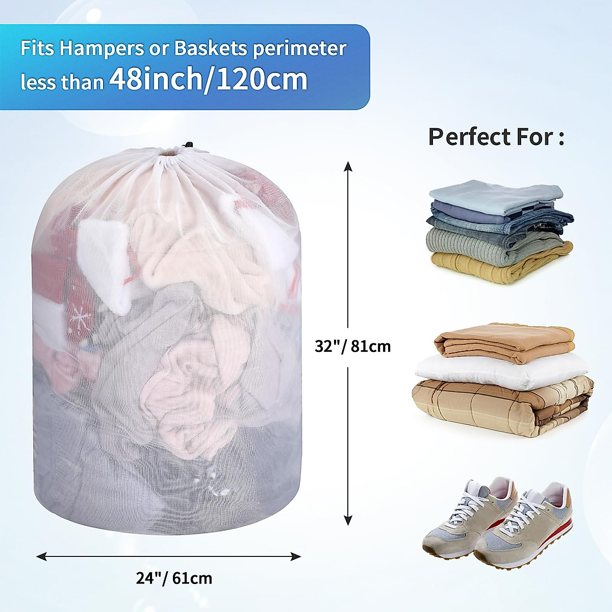 2-Pack Heavy Duty Mesh Laundry Bags,24x32 Inches Large Laundry Drawstring Bag,Washable Laundry Bag for College, Dorm, Travel, Family and Apartment Dwellers, white