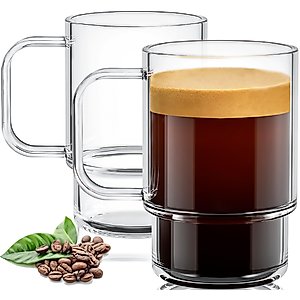 Aquach Glass Mug 22 Ounces 2pcs Stackable Clear Coffee Tea Juice Cup Drinking Glasses