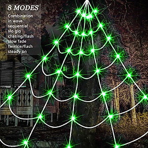 Outdoor Solar Powered Halloween Decorations Spider Web Lights, 14.8 x 16.4 FT Triangular White Spider Web with 135 LED Green Lights, Large Size Solar Halloween Decor