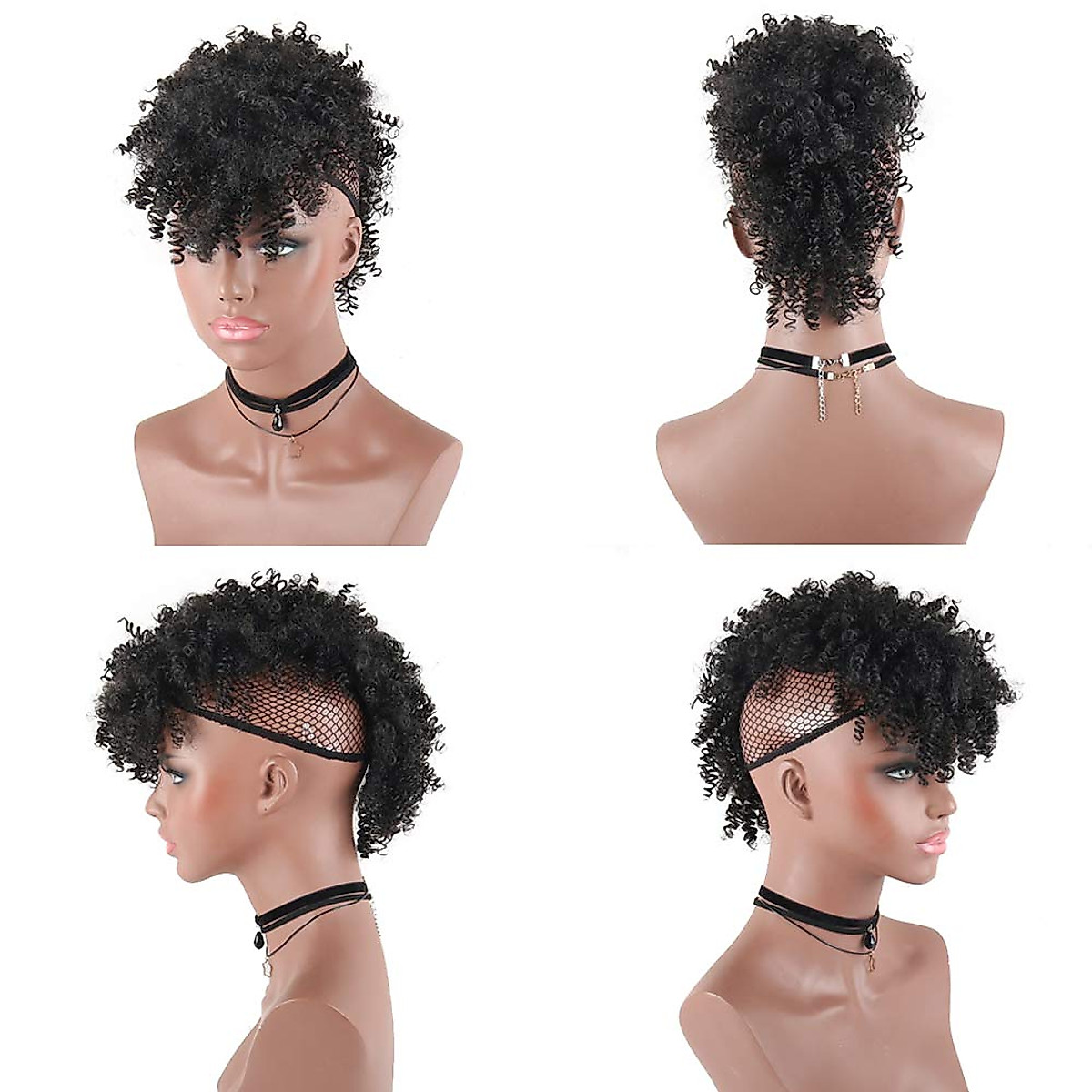 Aisaide High Puff Afro Mohawk Ponytail with Bangs No Drawstring,Short Kinky Curly No Drawstring Ponytail Extension,Synthetic Clip in Mohawk Ponytail Bun with Bangs,Wrap Updo Clip in Hair Extensions