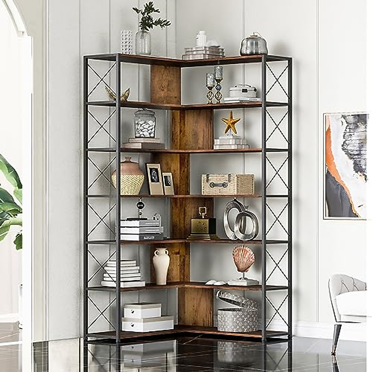 PKUGU 7 Tier Open Bookshelf, Tall 7 Tier Bookshelf, Organizer for Bedroom, Mid Century Modern Shelves, Industrial Style Shelf with Open Storage, L-Shaped Corner Bookcase with Metal Frame, Brown+Black