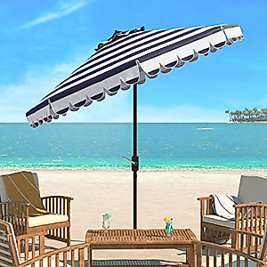 Safavieh PAT8011C Outdoor Collection Maui Navy and White Single Scallop Striped 9Ft Crank Push Button Tilt Umbrella