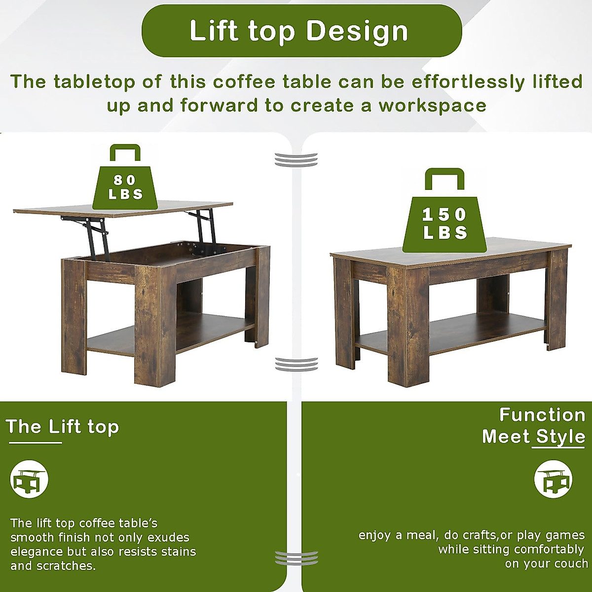Ruesleag Coffee Table,Lift Top Coffee Table w/Hidden Compartment and Storage Shelf,Retro Wooden Lift Tabletop Dining Table Multifunctional Wooden Working Table for Home Office,39.4in L,Brown