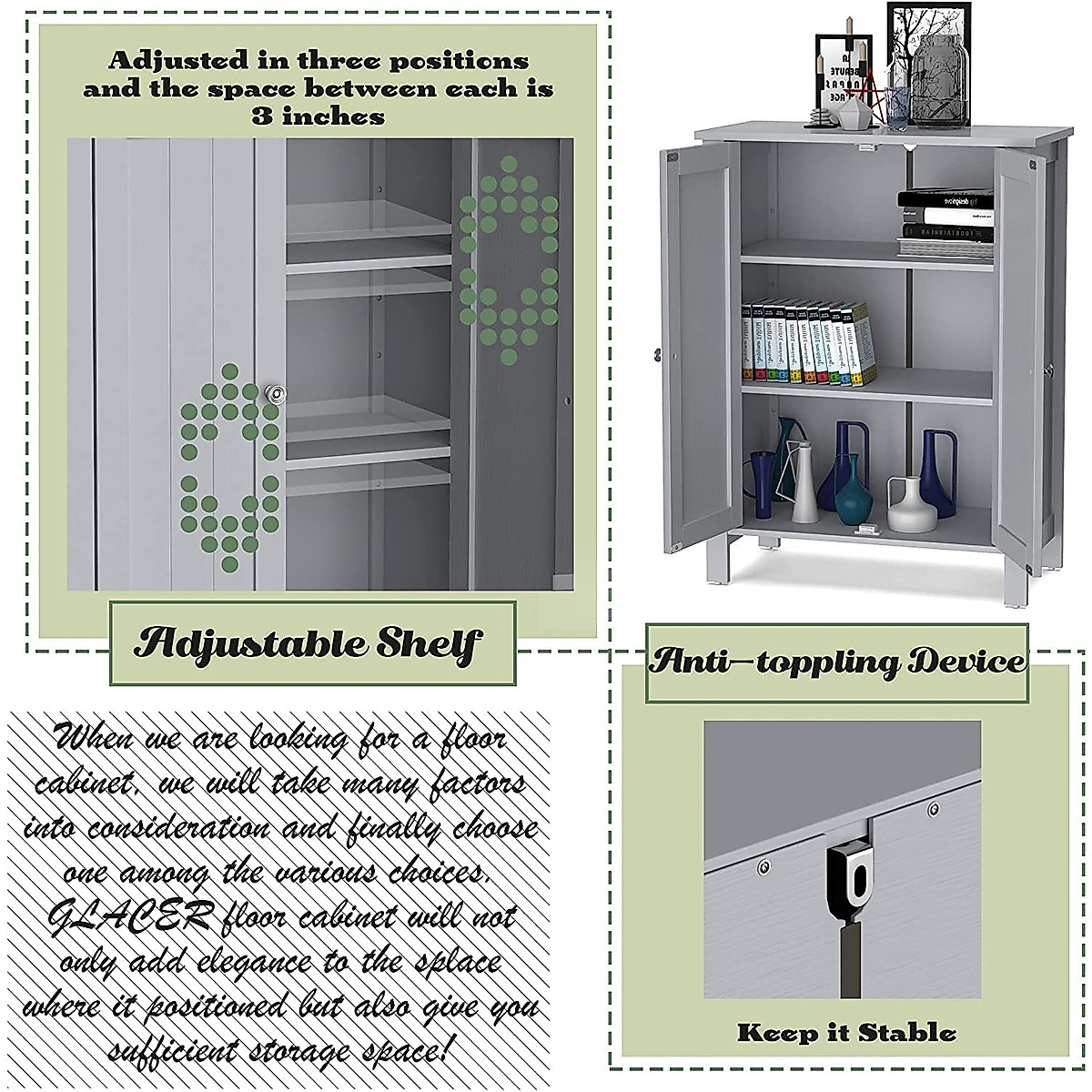 LUARANE Wooden Bathroom Floor Storage Cabinet, Side Storage Organizer Cabinet with Double Doors and Adjustable Shelves, Free Standing Sideboard for Entryway Bathroom Kitchen (Grey)