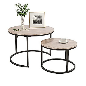 HOJINLINERO Industrial Round Coffee Table Set of 2 End Table for Living Room,Stacking Side Tables, Sturdy and Easy Assembly,Wood Look Accent Furniture with Metal Frame,Black+Teak Oak…
