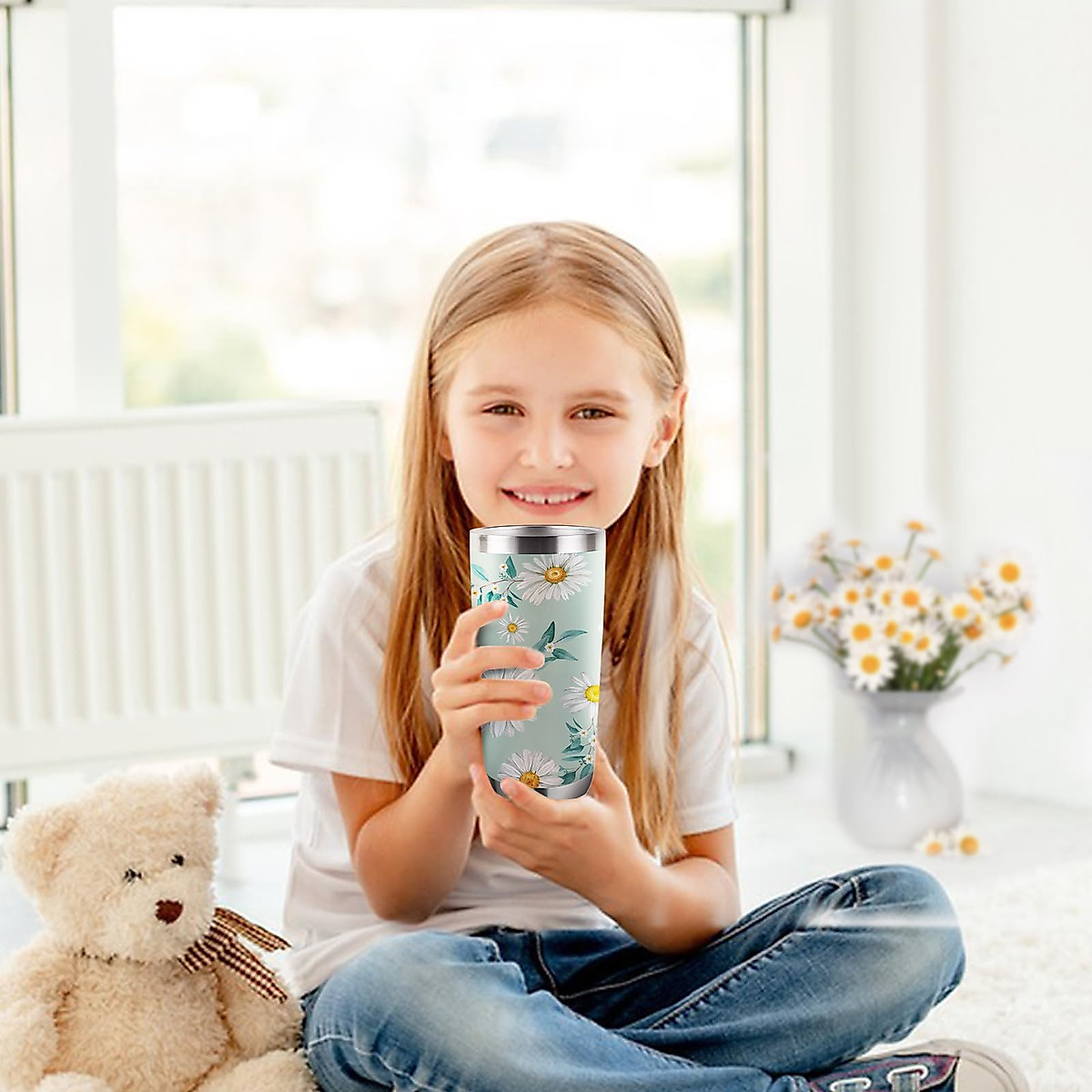 Zzkol Daisy Flowers Tumbler with Lid and Straw, Floral Stainless Steel Travel Coffee Cup, Birthday Mug Gifts for Women Daisy Lovers, 20oz Double Wall Vacuum Insulated Tumbler