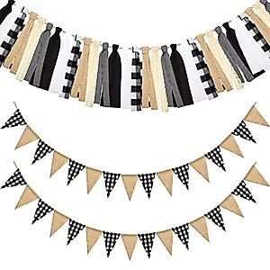 3 Pieces Buffalo Check Plaid Banner Sets Including Buffalo Plaid Highchair Banner and 2 Burlap Black and White Gingham Pennant Banners for Fireplace Farmhouse Classroom Decor