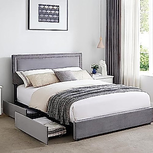 Queen Size Upholstered Platform Bed Frame Platform with 4 Storage Drawers, Adjustable Velvet Rivets Headboard, Wooden Slats Support, No Box Spring Needed, Easy Assembly