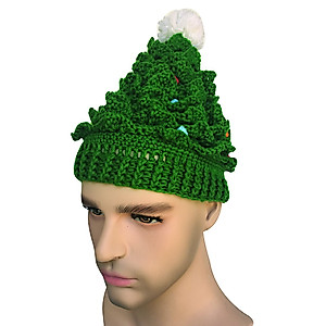 Kafeimali Unisex Christmas Winter Knitted Crochet Beanie Santa Hat with Beard Foldaway Bearded Caps (Green)