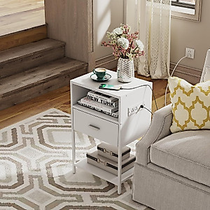 LDTTCUK Nightstand with Charging Station, Modern End Table with Drawer, White Bedside Table with Open Storage for Bedroom