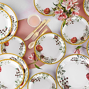 350 Pcs Red Floral Party Supplies Set, plates, napkins, cups and gold plastic cutlery set for 50 Guest for Bridal Shower, Baby Shower, Birthday,Wedding,Bachelorette party Supplies
