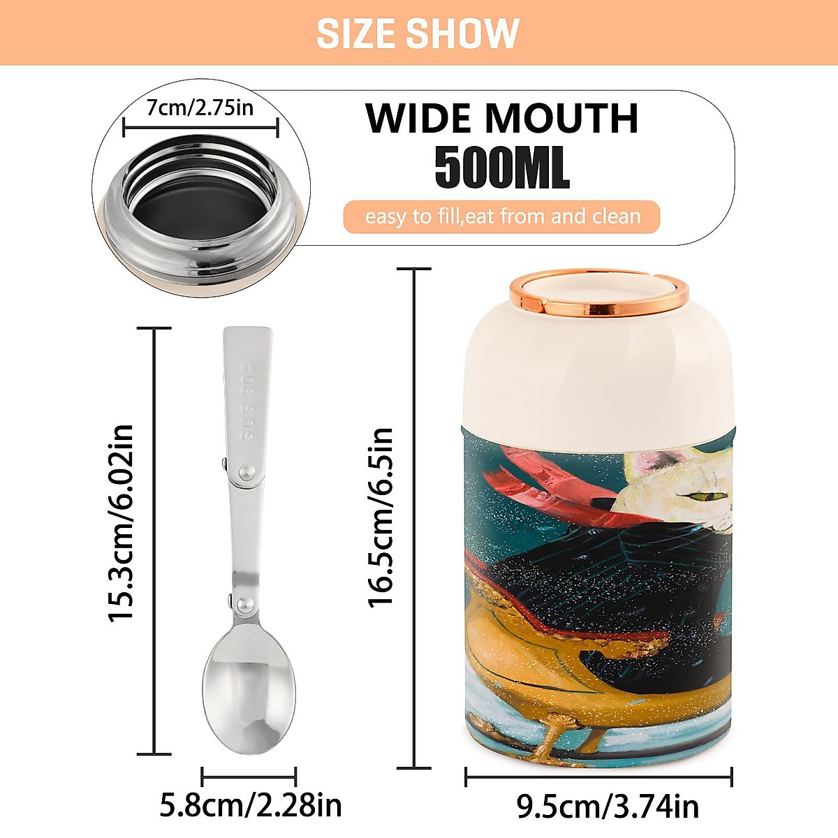 CUPADA Sled Funyy Cat Food Jar, Cute Pets White Insulated Hot Food Jars Vacuum 17OZ with Folding Spoon for Work Trip Picnic Camping