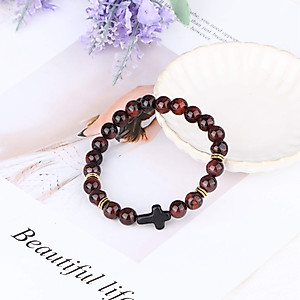 YADOCA 8 Pcs 8MM Beads Bracelet for Men Women Lava Rock Tiger Eye Stone Howlite Natural Stone Stretch Elastic Cross Bracelet Set