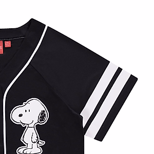 Peanuts Ladies Snoopy Baseball Jersey Snoopy Charlie Brown, Woodstock, Linus Mesh Button Down Baseball Jersey (Black, Large)