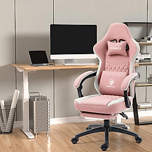 Dowinx Gaming Chair Breathable Fabric Computer Chair with Pocket Spring Cushion, Comfortable Office Chair with Gel Pad and Storage Bag,Massage Game Chair with Footrest,Pink