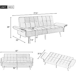 WinJoy Convertible Futon Sofa Bed with Folded Arms, Multi-Functional Velvet Sleeper Bed Reversible Couches with Storage and Adjustable Backrest, Armrests for Living Room, Apartment, Small Space Green