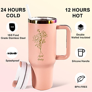 Birthday Gifts for Women, 40 oz Tumblers with Birth Month Flower, Stainless Steel Insulated Tumbler Travel Coffee Mug Cup Gifts for Friends Female Coworker Sister Mom Wife, Laser Engraved, Apr